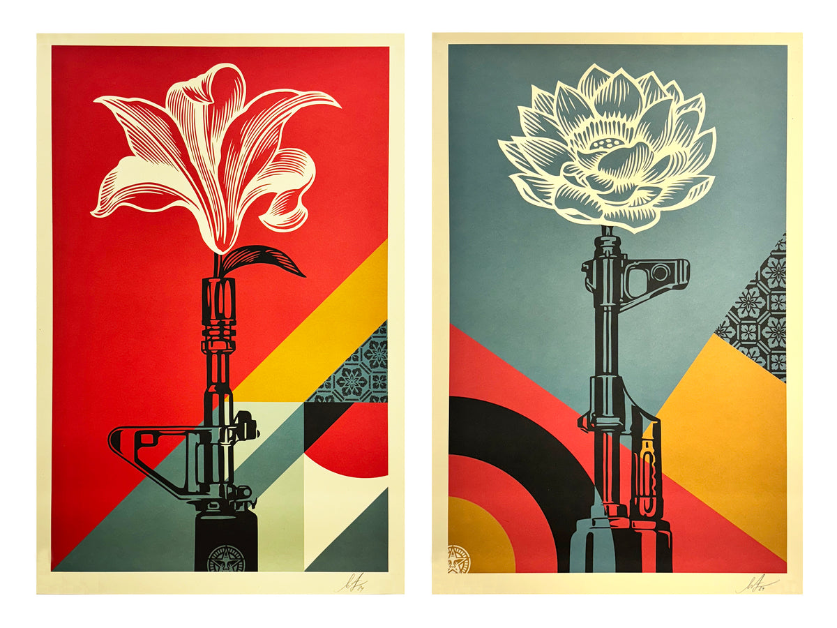 SHEPARD FAIREY 'AR-15 Lily' + 'AK-47 Lotus' (2024) Offset Lithograph ...